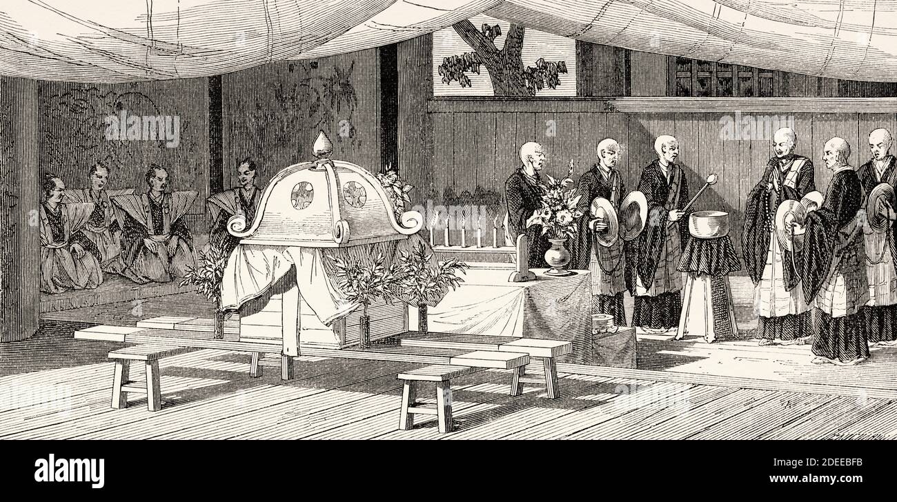 Mortuary service at a temple, funeral ceremonies, Japan. Old 19th ...