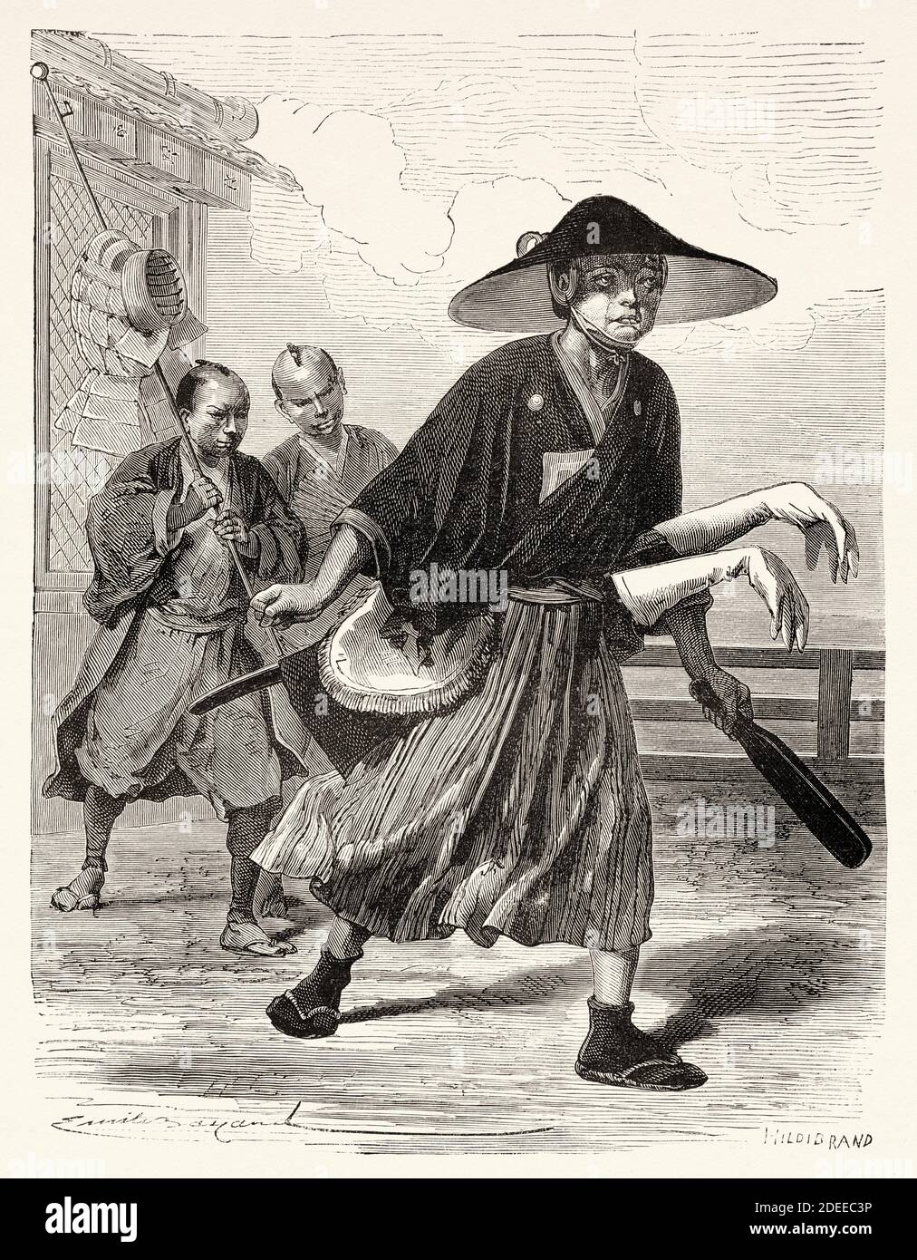 Japanese fencing instructor, Tokyo, Japan. Old 19th century engraved ...