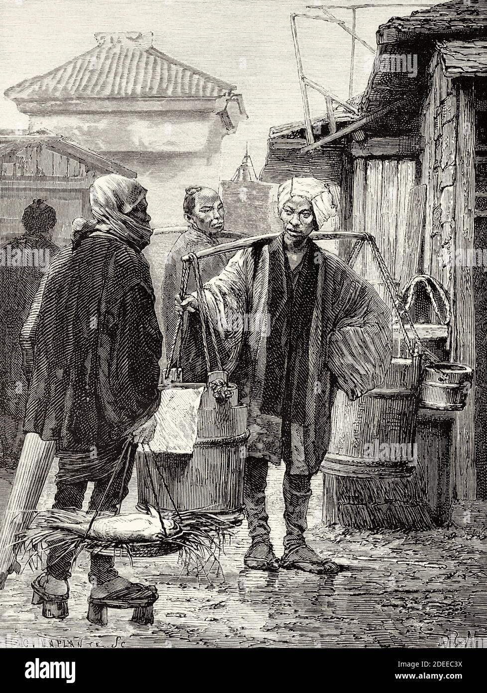 Fish market, Tokyo, Japan. Old 19th century engraved illustration ...
