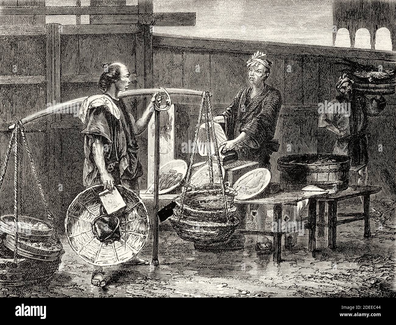 Fried fish merchant, Tokyo, Japan. Old 19th century engraved ...