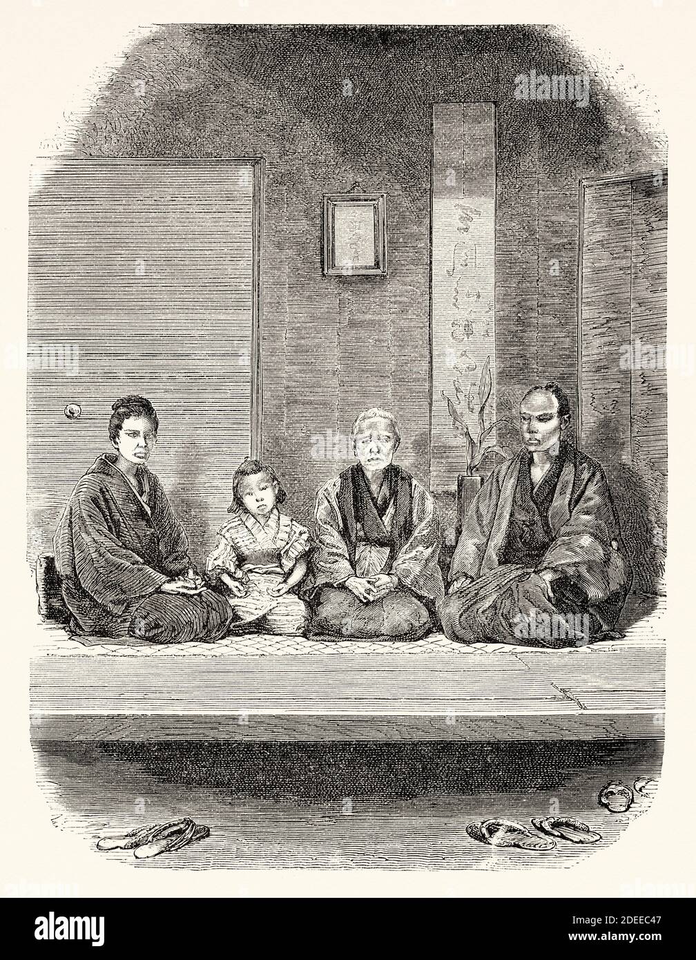Merchants family, Tokyo, Japan. Old 19th century engraved illustration ...