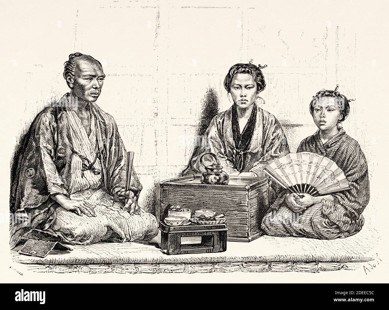 Craftsmen class family having tea, Tokyo, Japan. Old 19th century ...