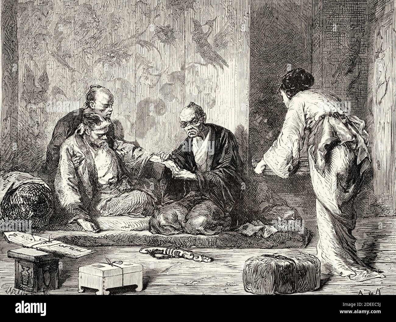 Doctor visiting a sick patient, Tokyo, Japan. Old 19th century engraved ...