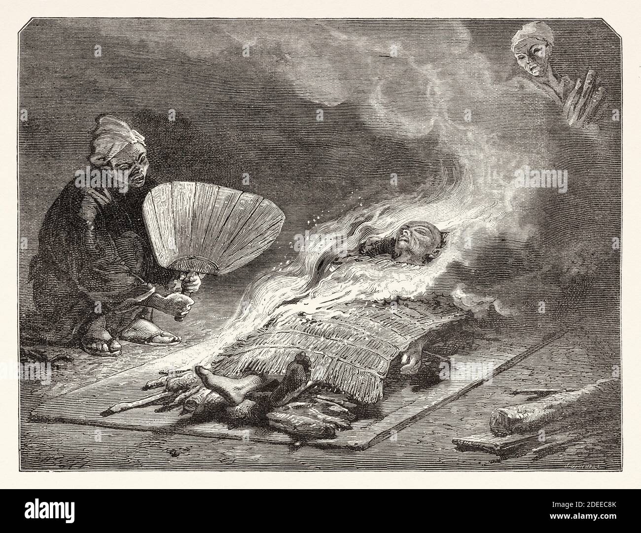 Cremation of a jeta without ceremony, Tokyo, Japan. Old 19th century ...