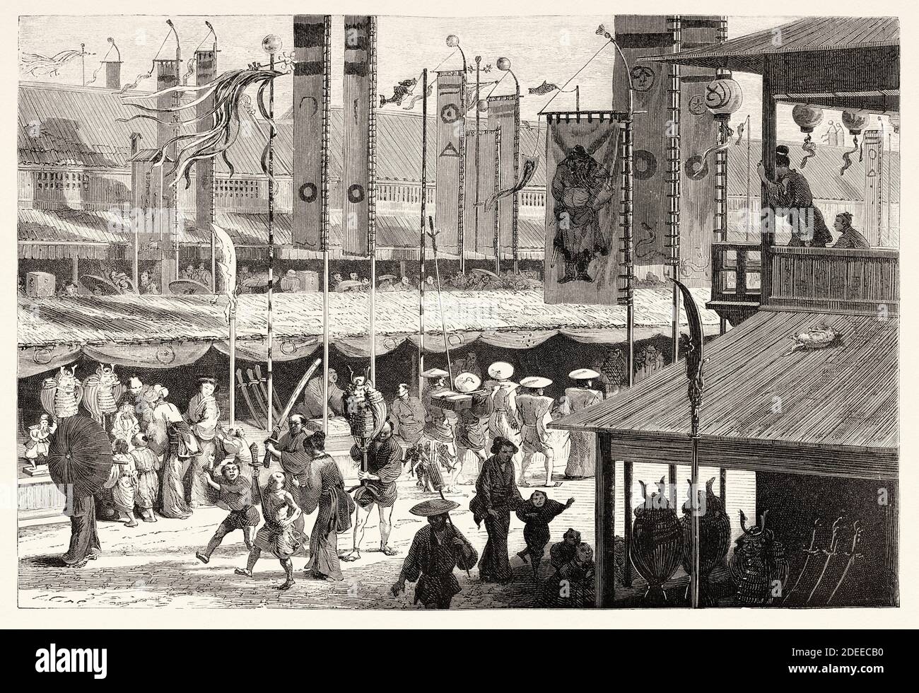 Celebratory banners, Japan. Old 19th century engraved illustration ...