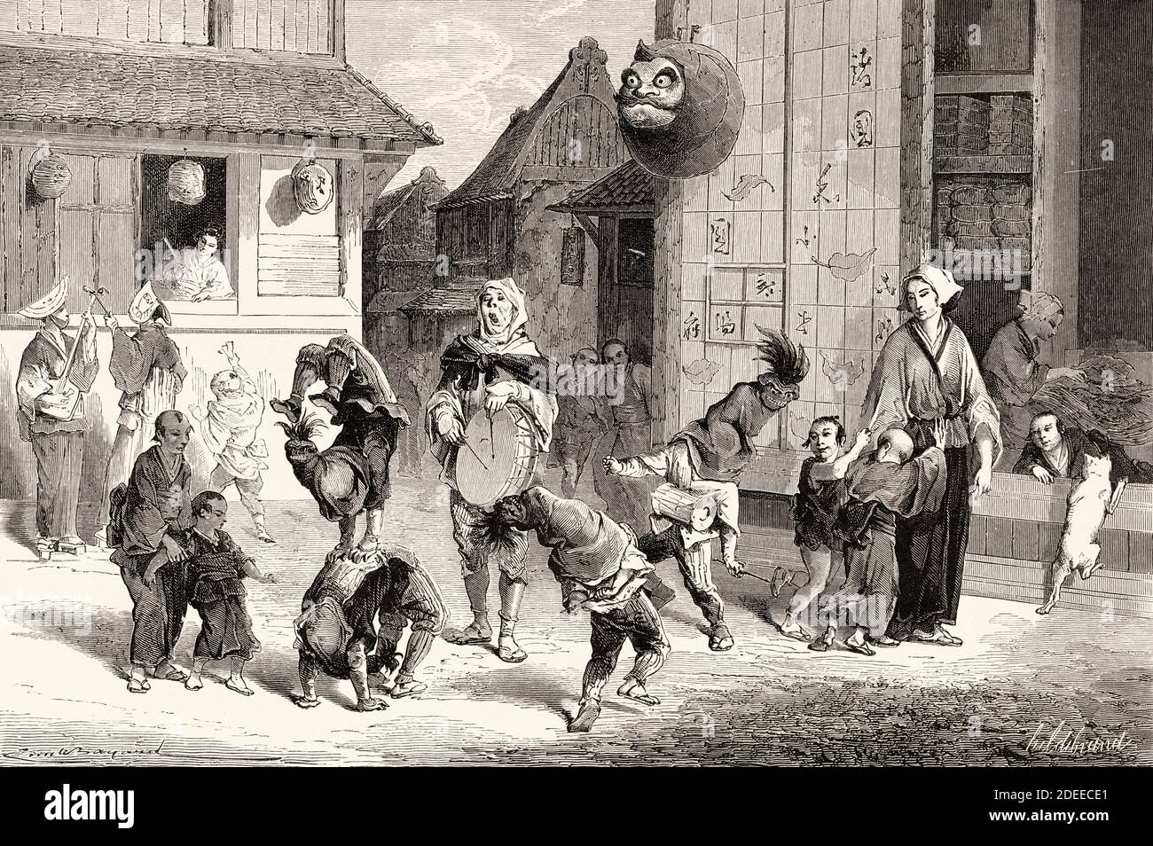 Street acrobats, Japan. Old 19th century engraved illustration Travel ...