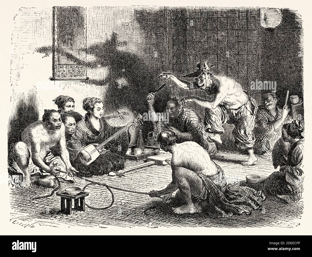 Japanese traditional fox game, Japan. Old 19th century engraved ...