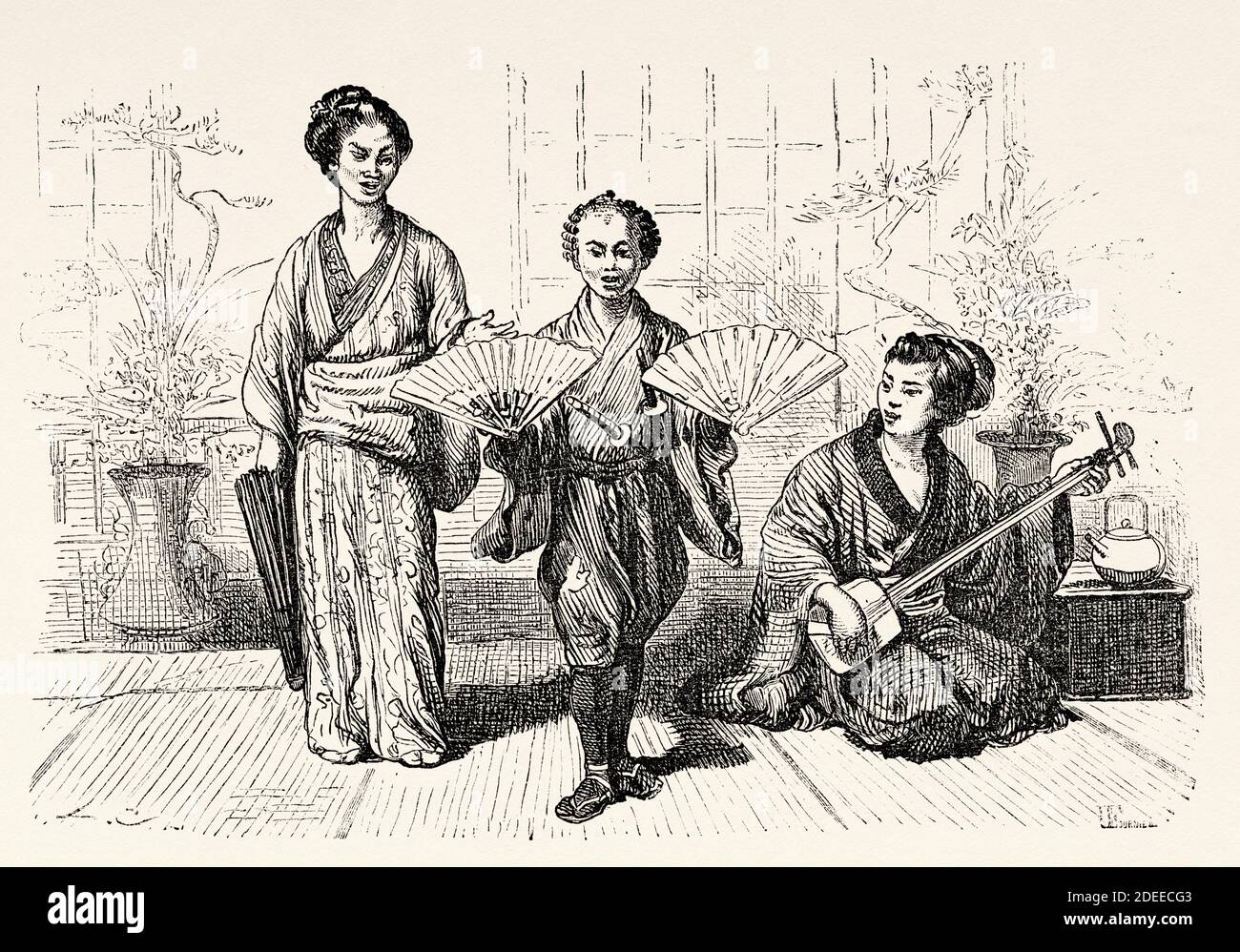 Traditional Japanese Fan Dance, Japan. Old 19th century engraved ...