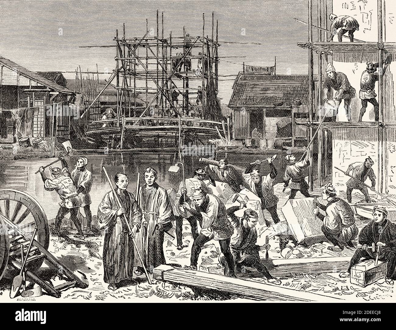 Japanese stonecutters, masons and carpenters building a European house ...