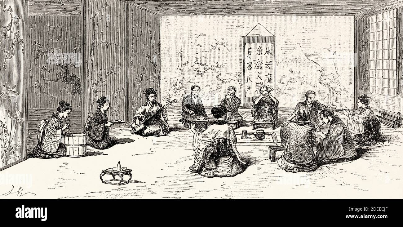 Eugene Collache being received by a Tsugaru daimyo minister, Japan. Old ...