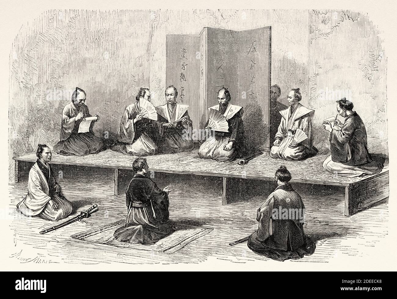 Eugene Collache trial in Tokyo, Japan. Old 19th century engraved ...