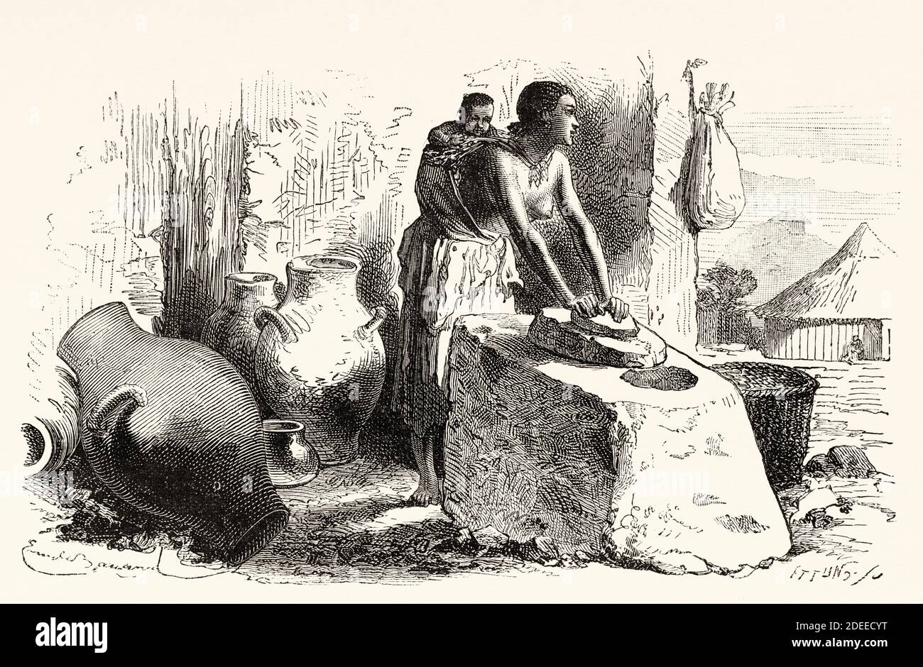 Woman grinding corn for the prisoners at Magdala. Amba Mariam, Ethiopia ...