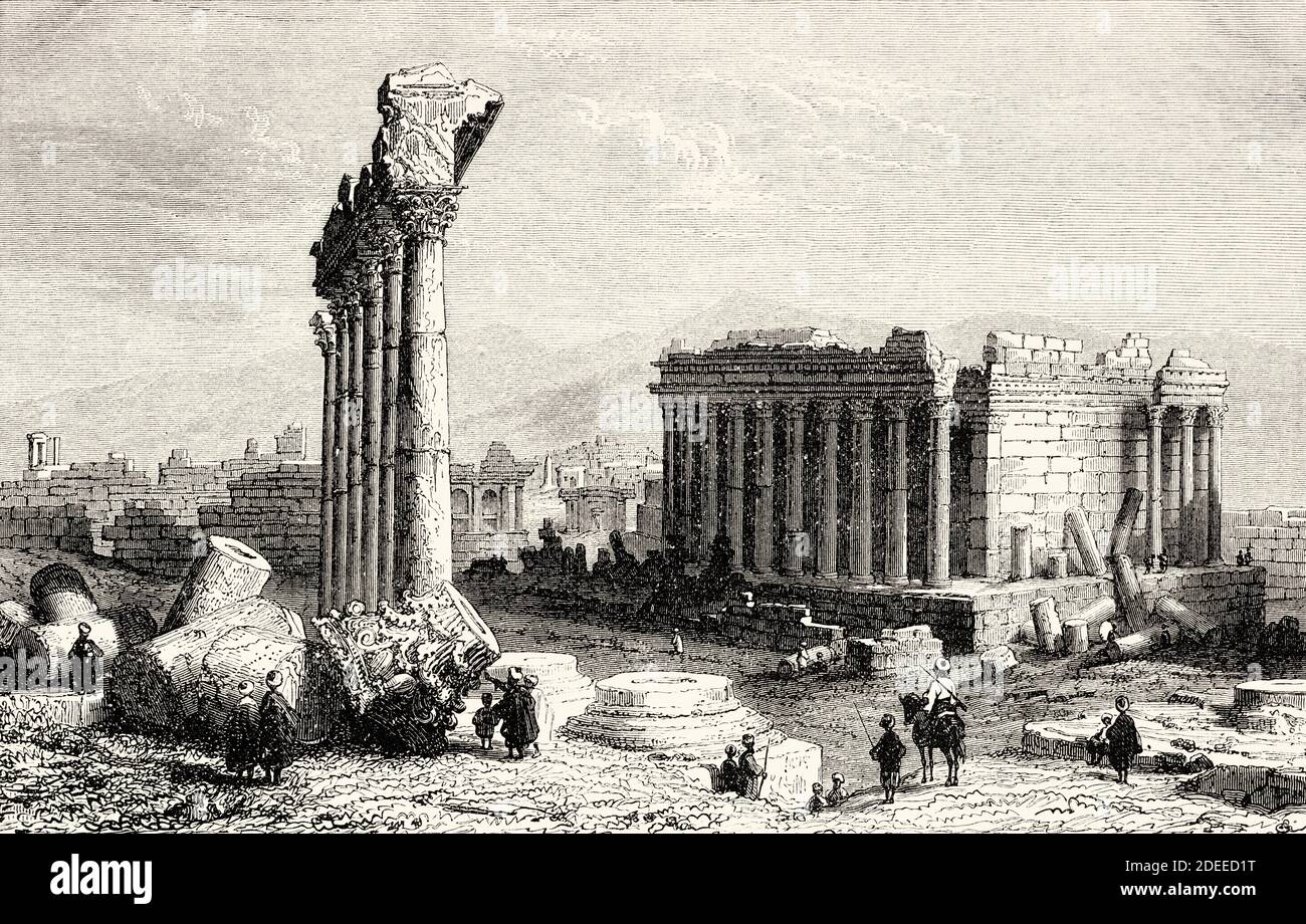The Great Temple at Baalbec, Heliopolis, Egypt. Old 19th century ...