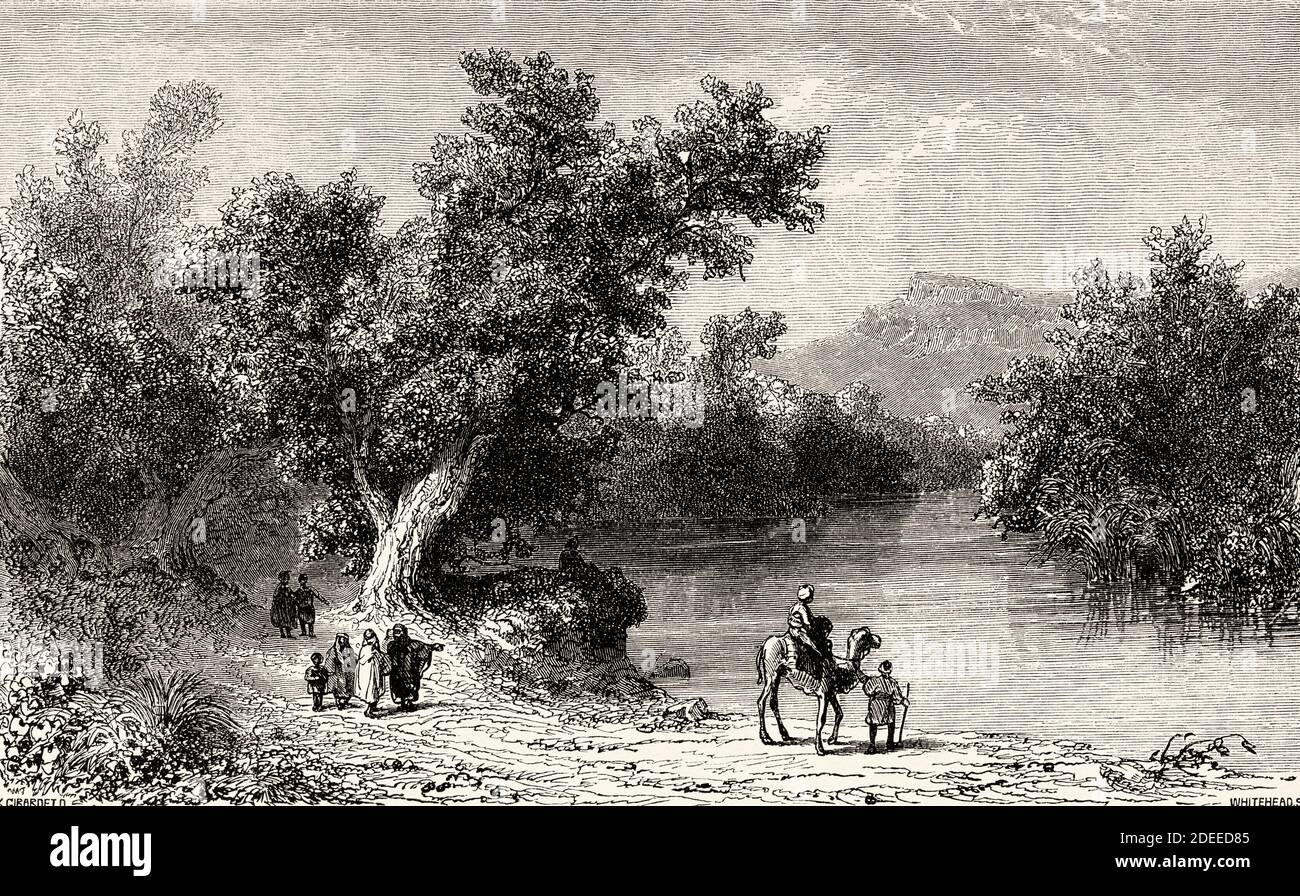 Old view of the Jordan river, Israel. Old 19th century engraved ...