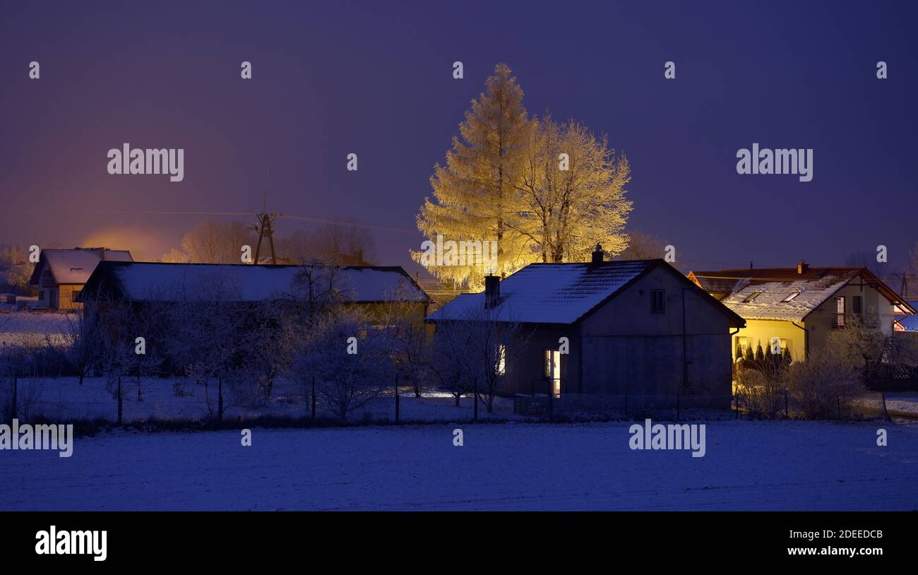 Rural landscape by night, view at small village in Polish countryside ...