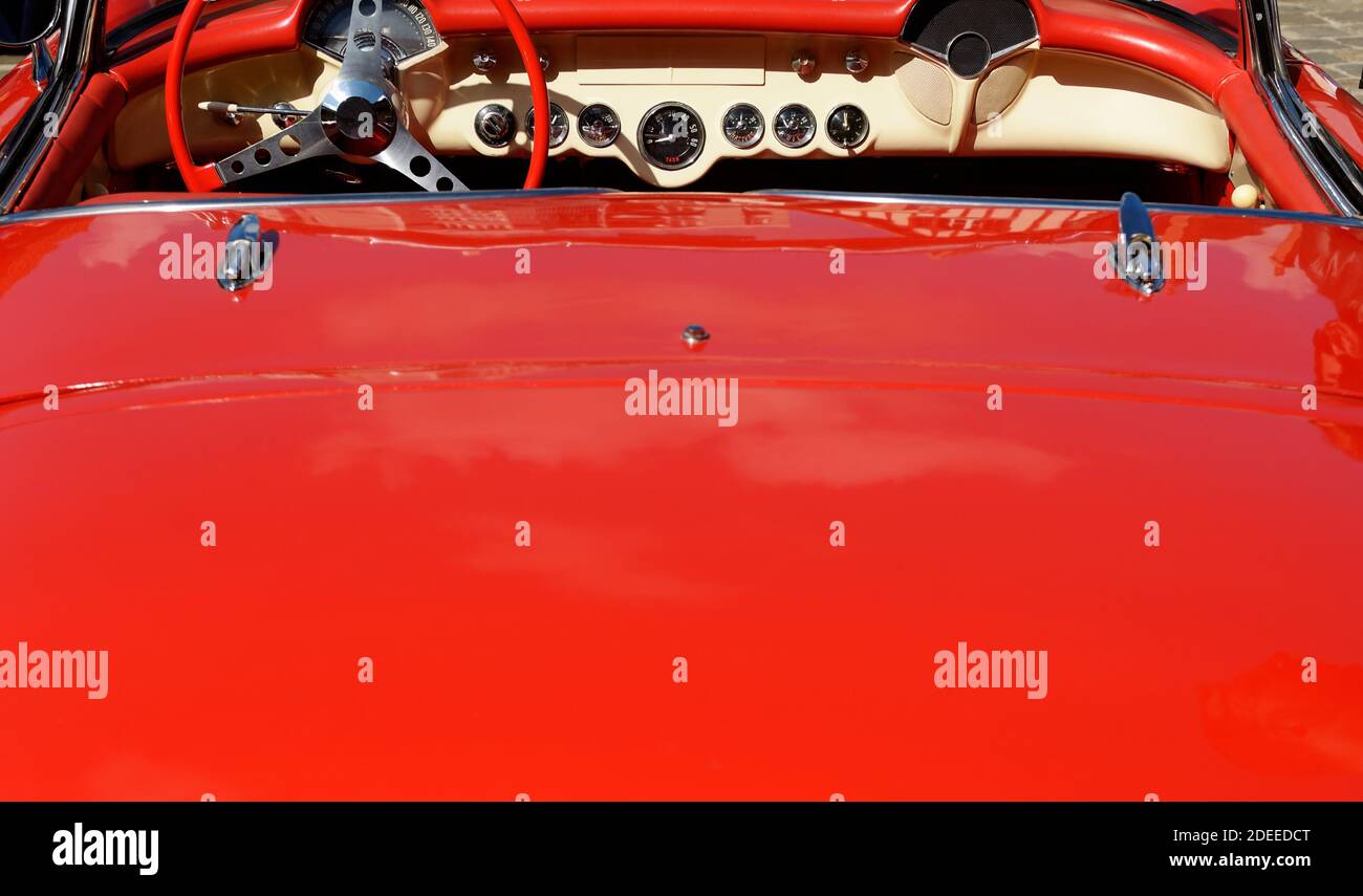 Red old timer convertible car. Rear view at trunk and luxurious ...