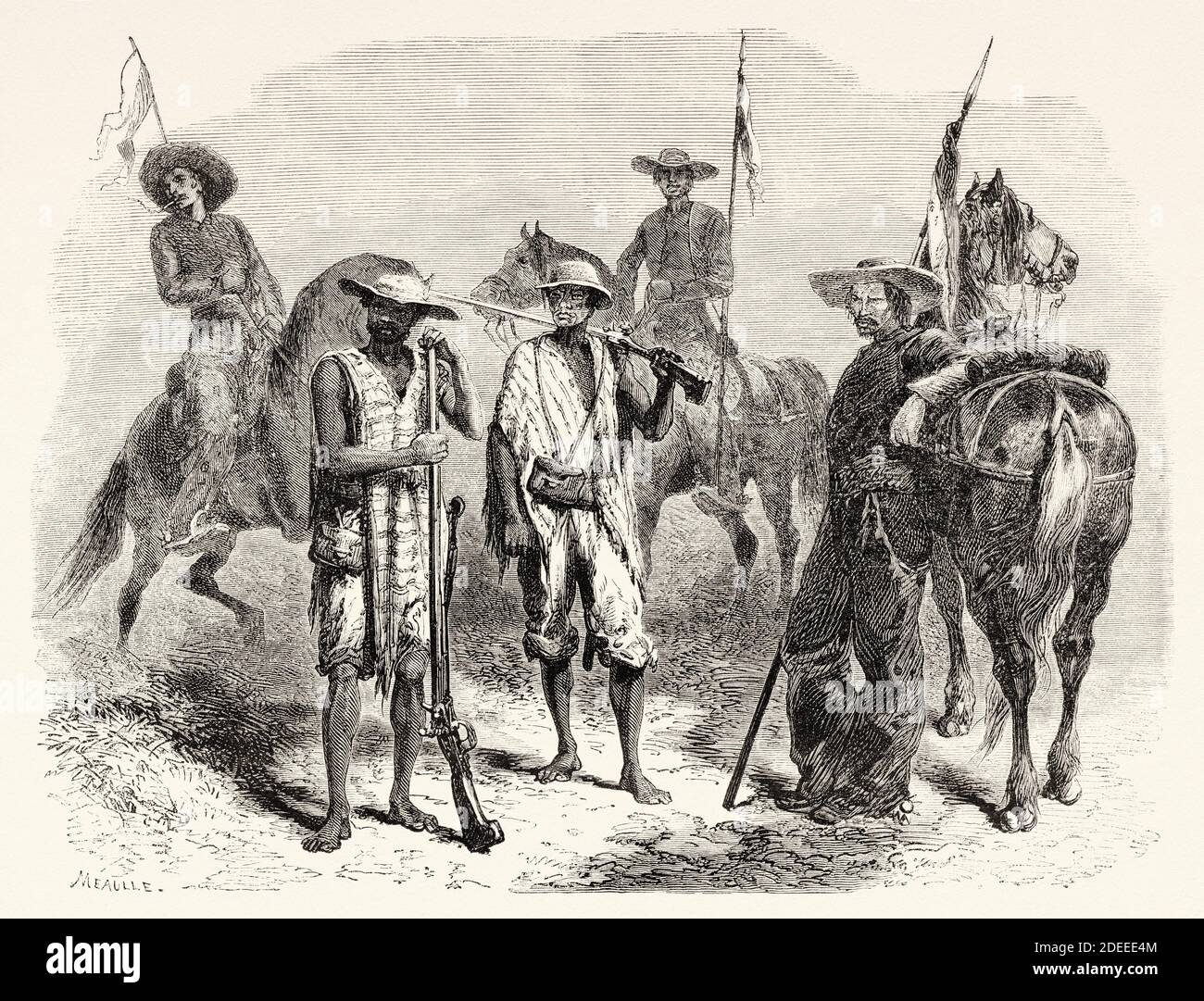 Soldiers from Cauca, Colombia. Old 19th century engraved illustration ...
