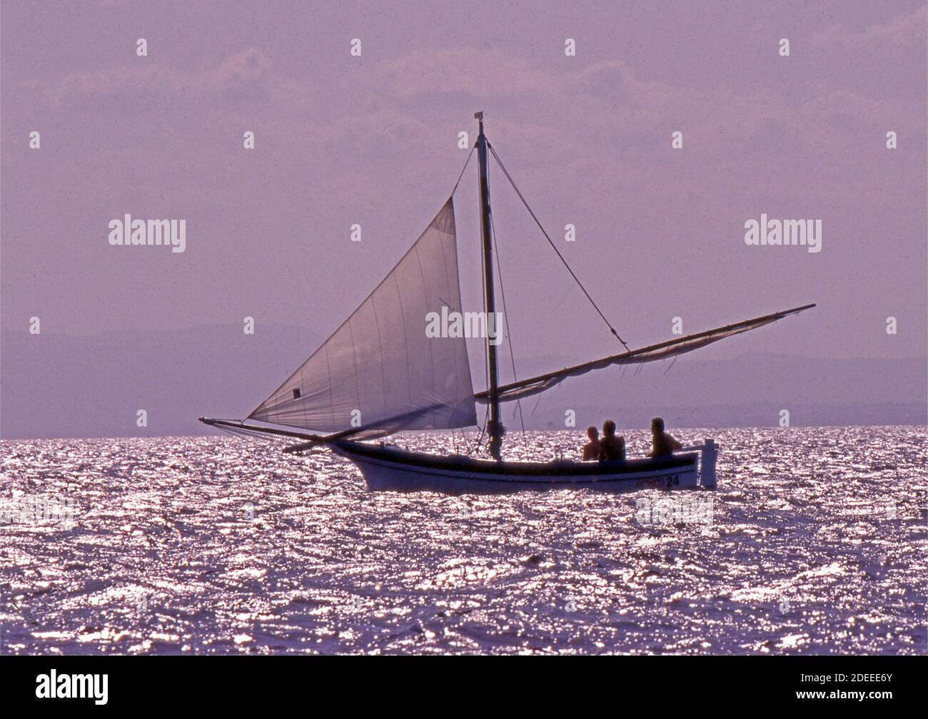 Lateen sail boat backlight in Sardinian sea (scanned from Fujichrome ...