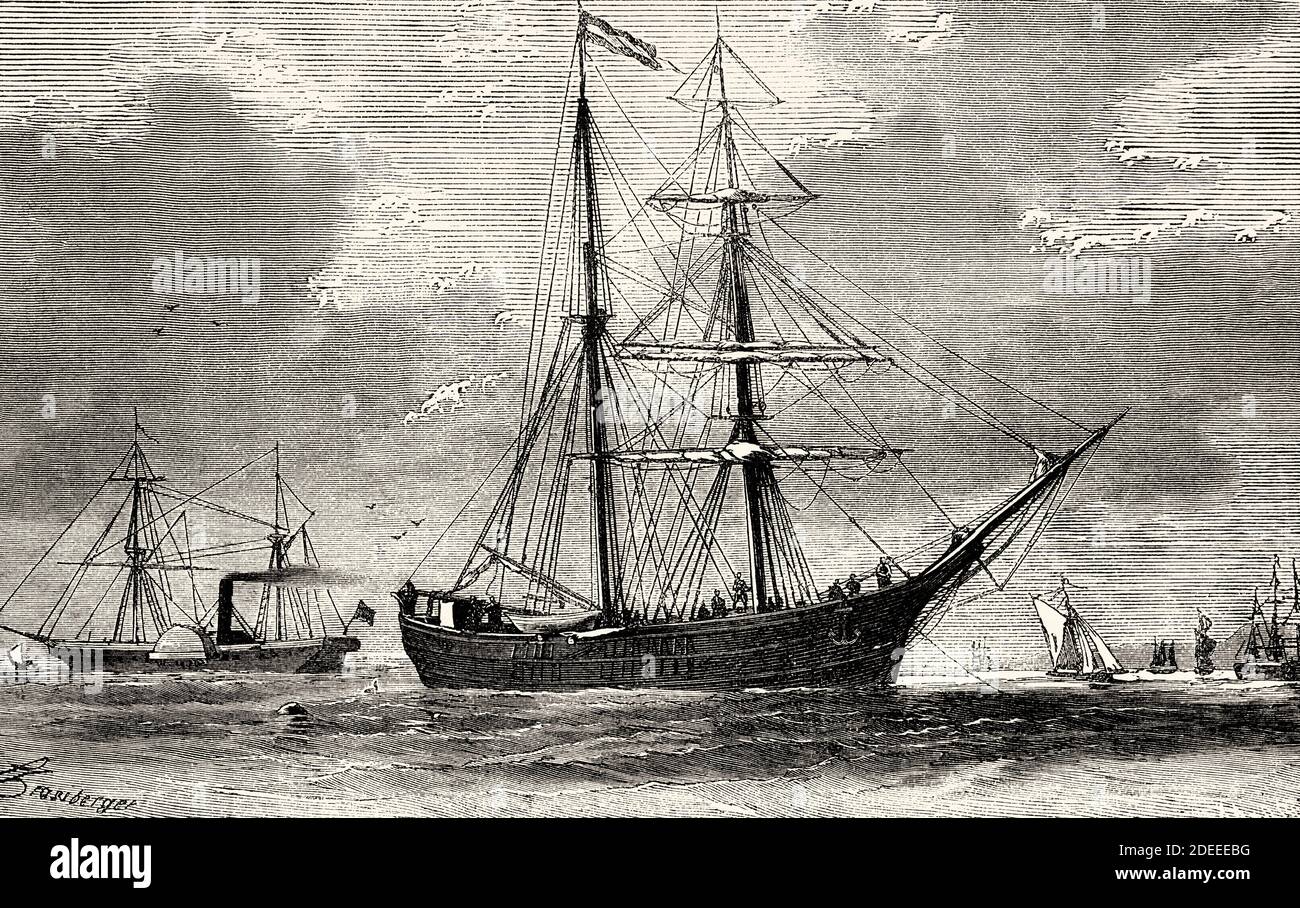 The Hansa Schooner. Old 19th century engraved illustration. Second ...