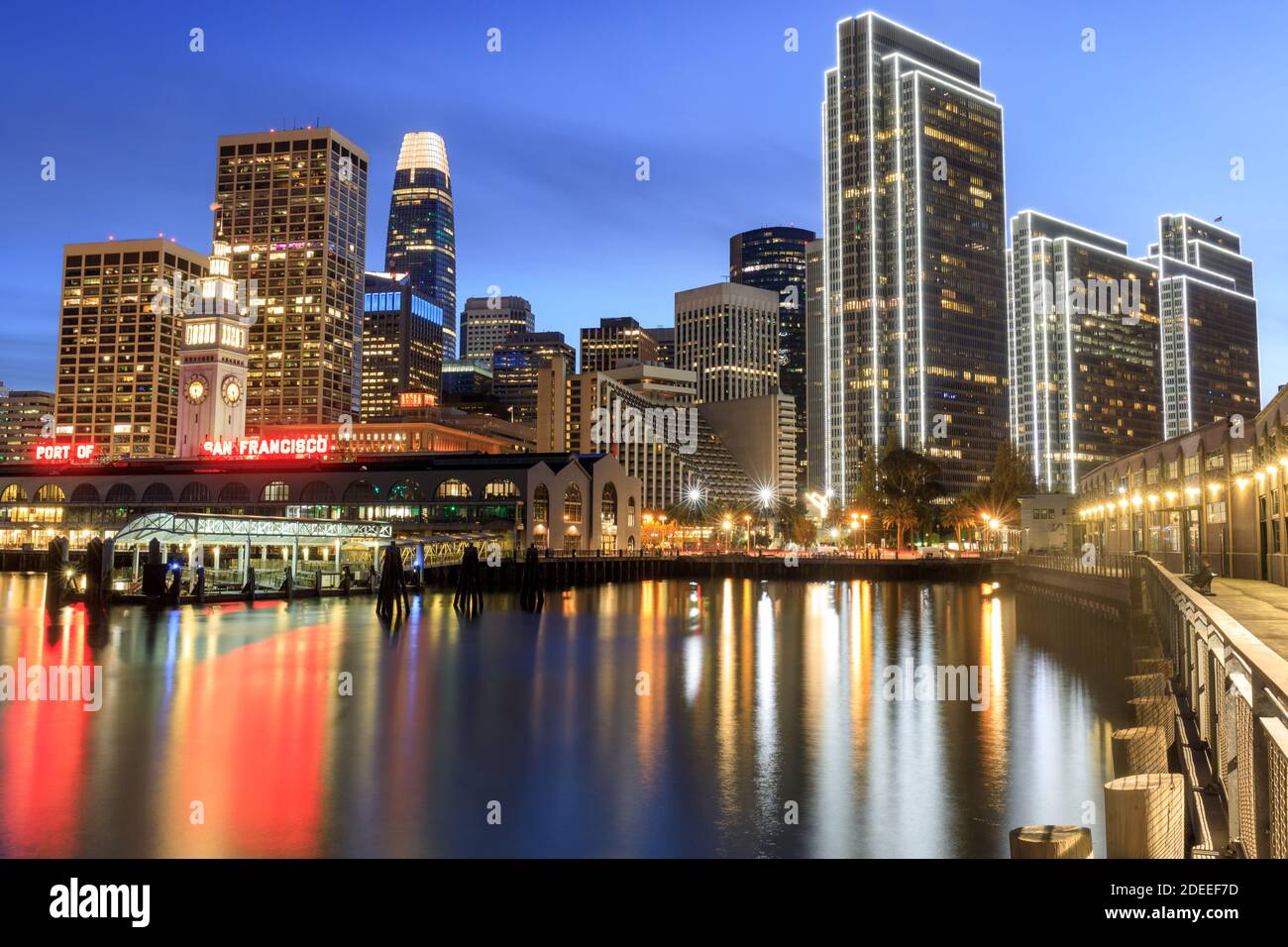 Port of San Francisco Waterfront in Holiday Lights during the Blue Hour ...