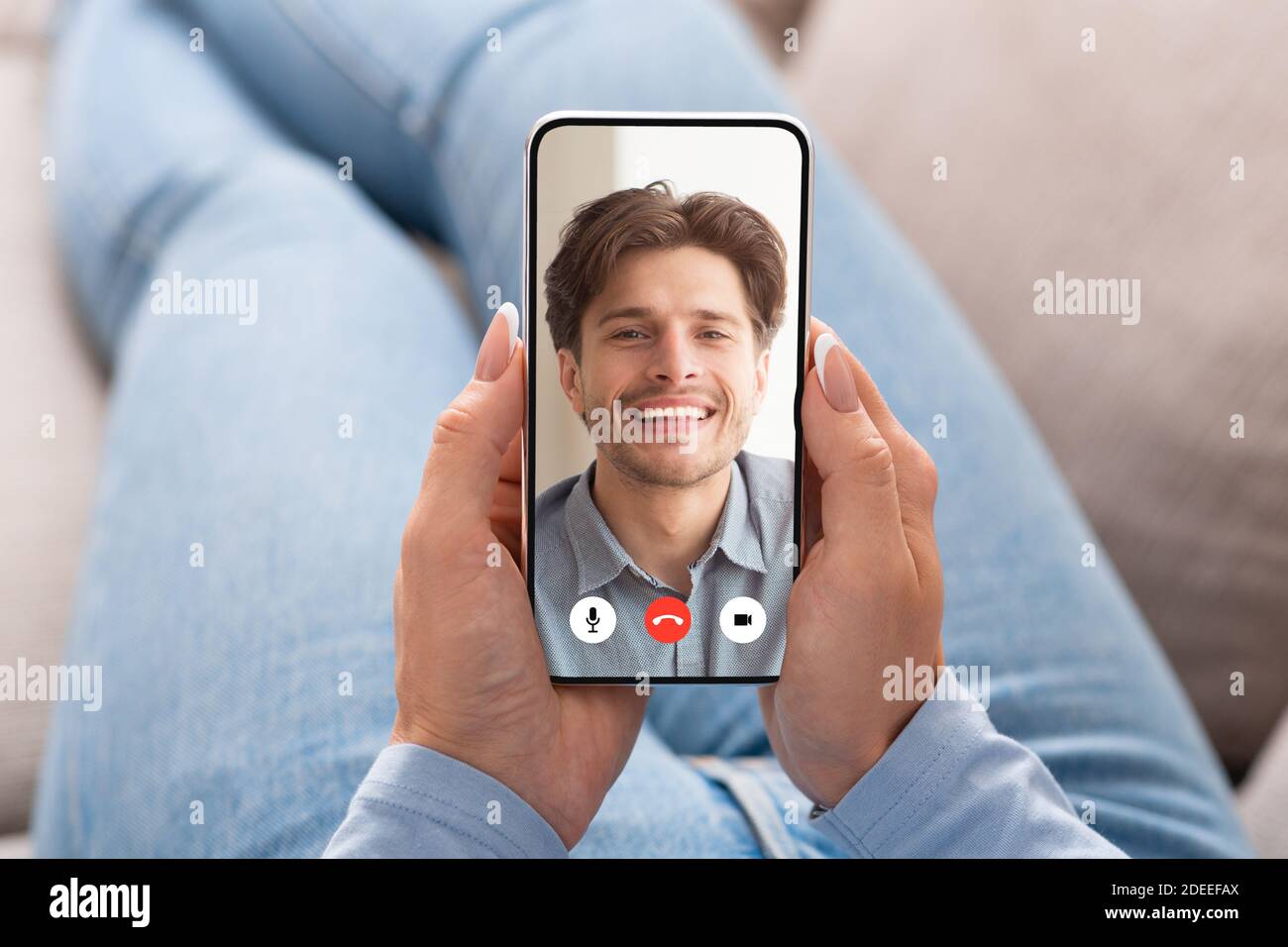 Girlfriend talking with boyfriend making video call on smartphone ...
