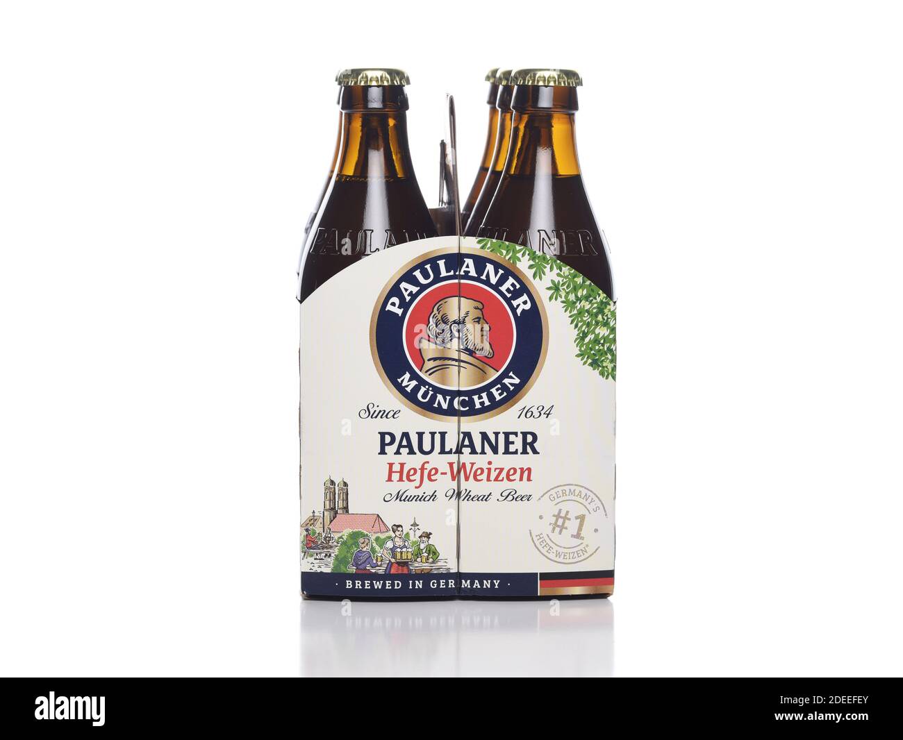 IRVINE, CALIFORNIA - 29 NOV 2020: End shot of a 6 pack of Paulaner Hefe ...