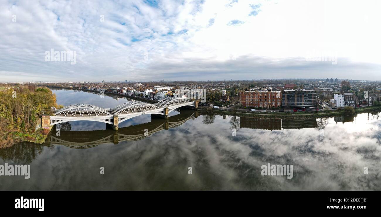 London- Aerial view of Barnes Bridge over the river Thames in south ...