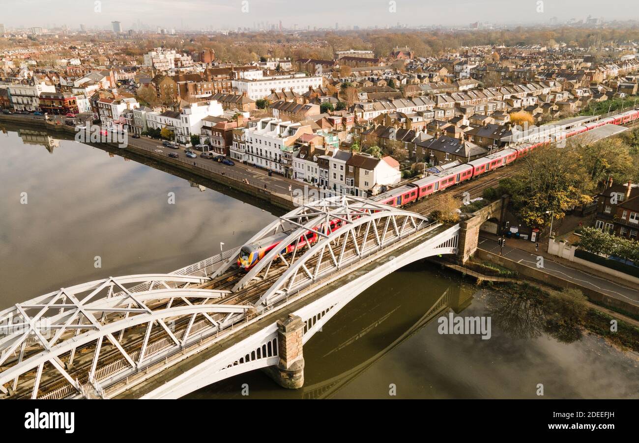 London- Aerial view of Barnes Bridge over the river Thames in south ...