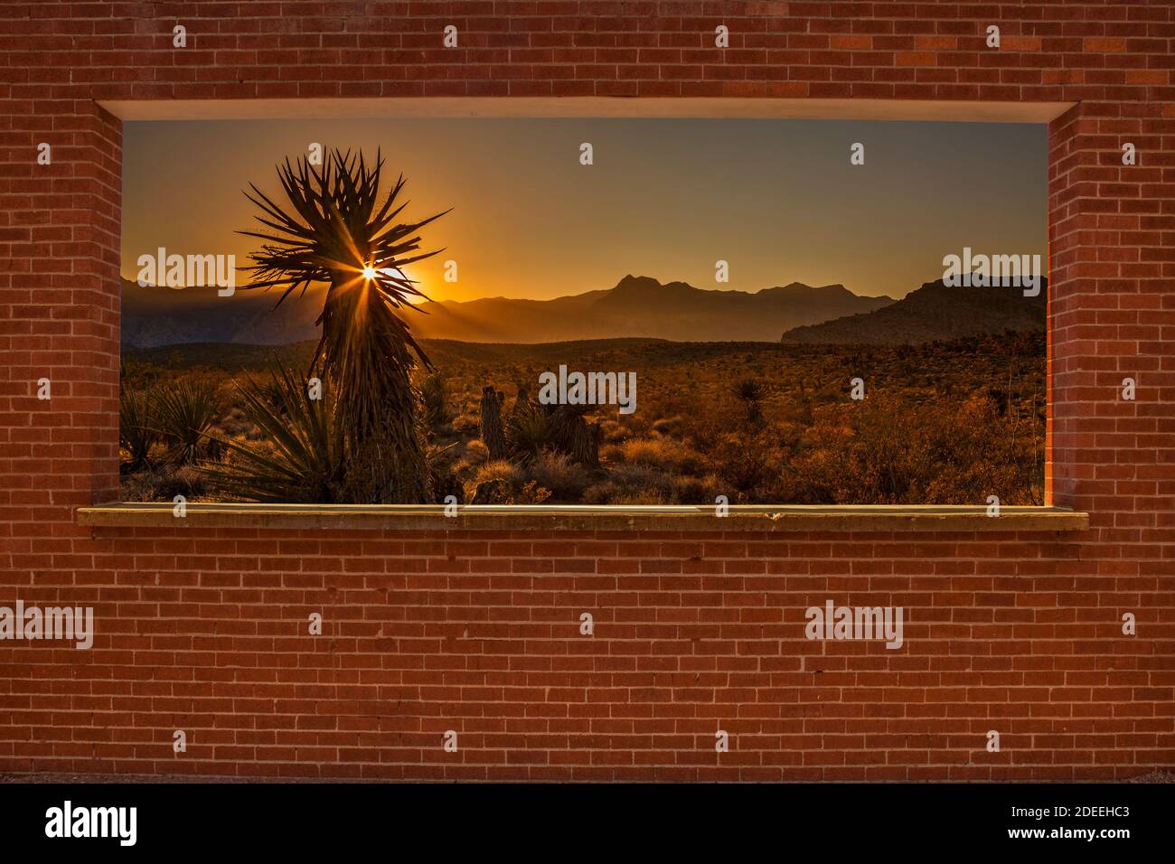 brick wall window with desert landscape Stock Photo - Alamy