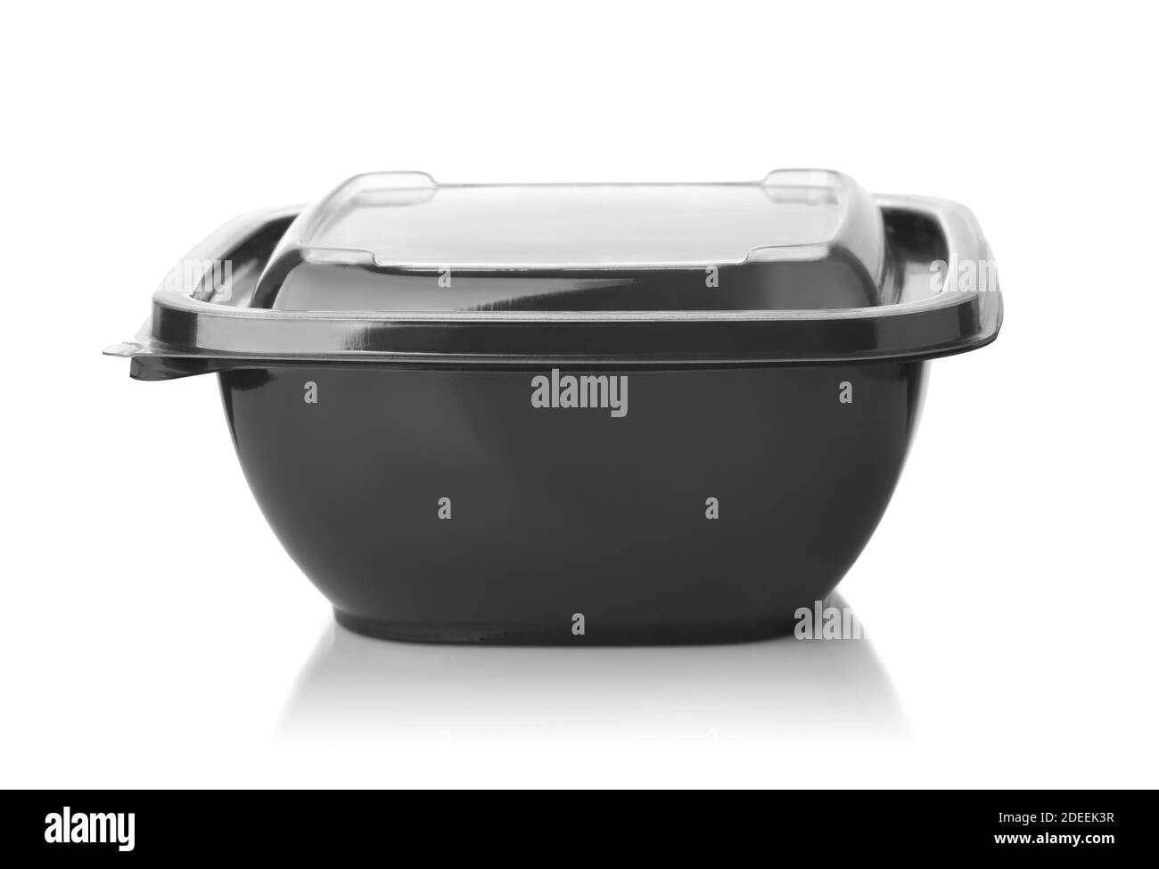 Front view of black plastic disposable take out food container with ...