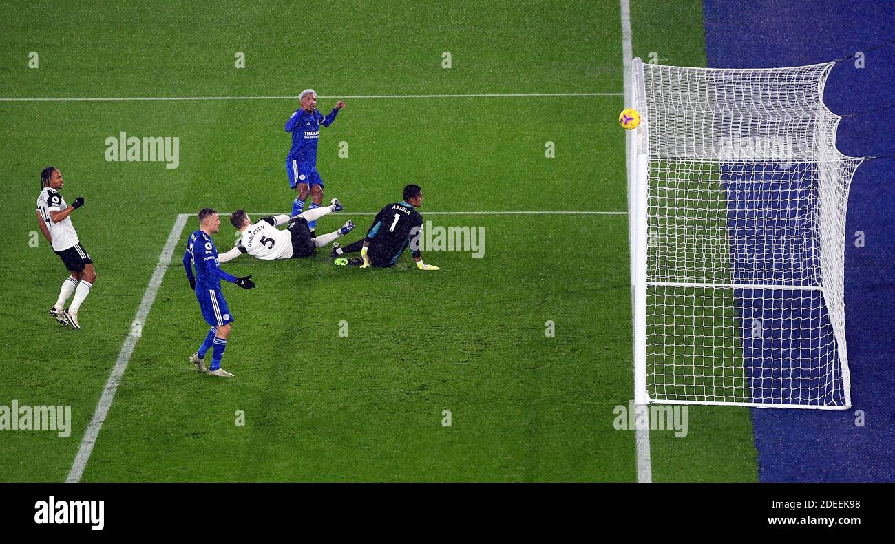 Leicester City's Wesley Fofana (top) watches his shot hit the cross bar ...