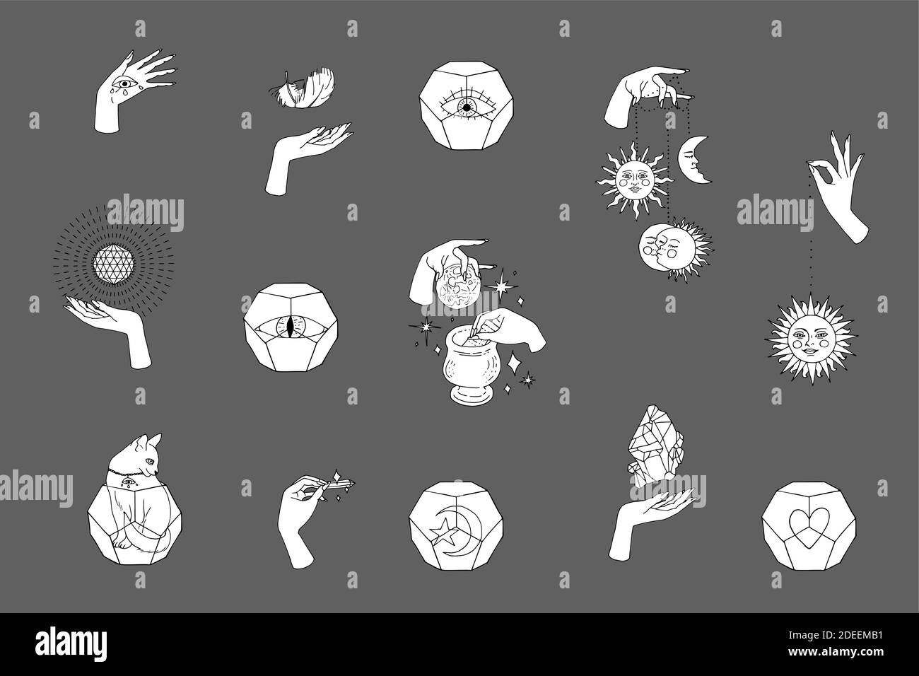 Set of line art witchcraft and magic items and scenes. Witchy mystic ...