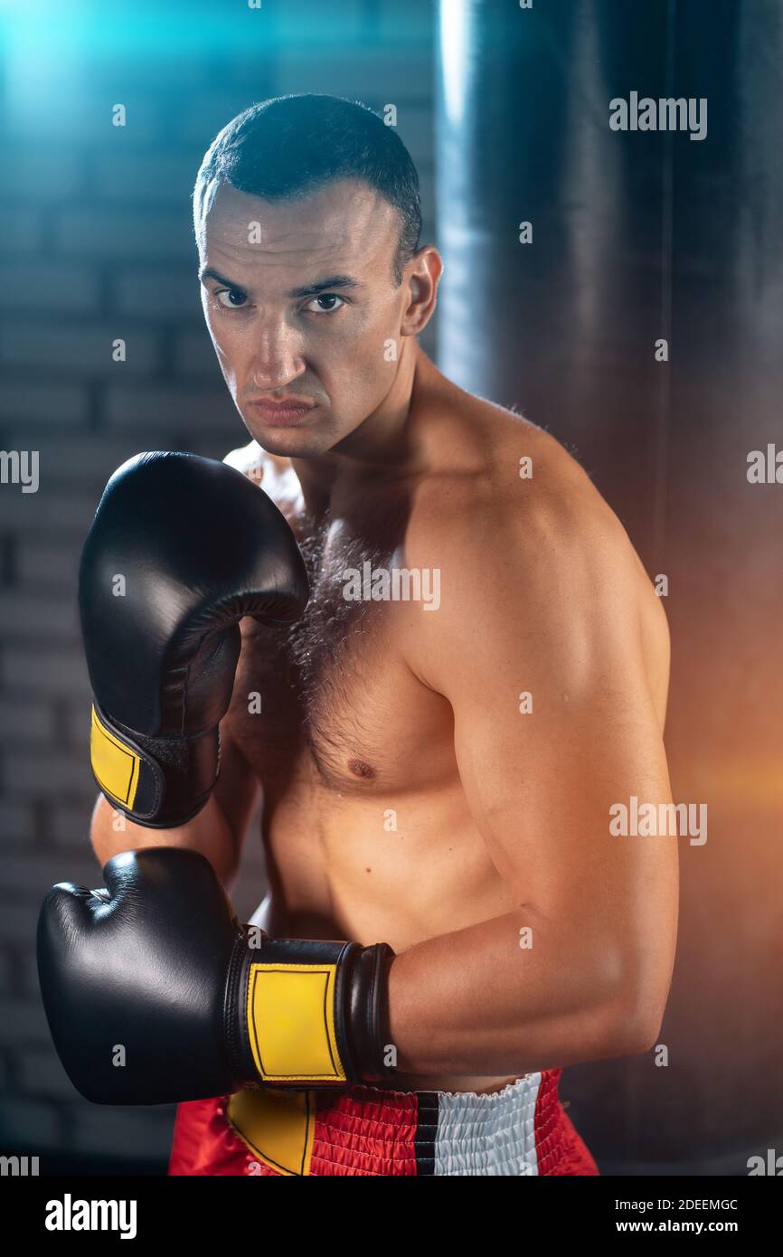 aggressive muscular boxer sport man training in black boxing gloves in ...