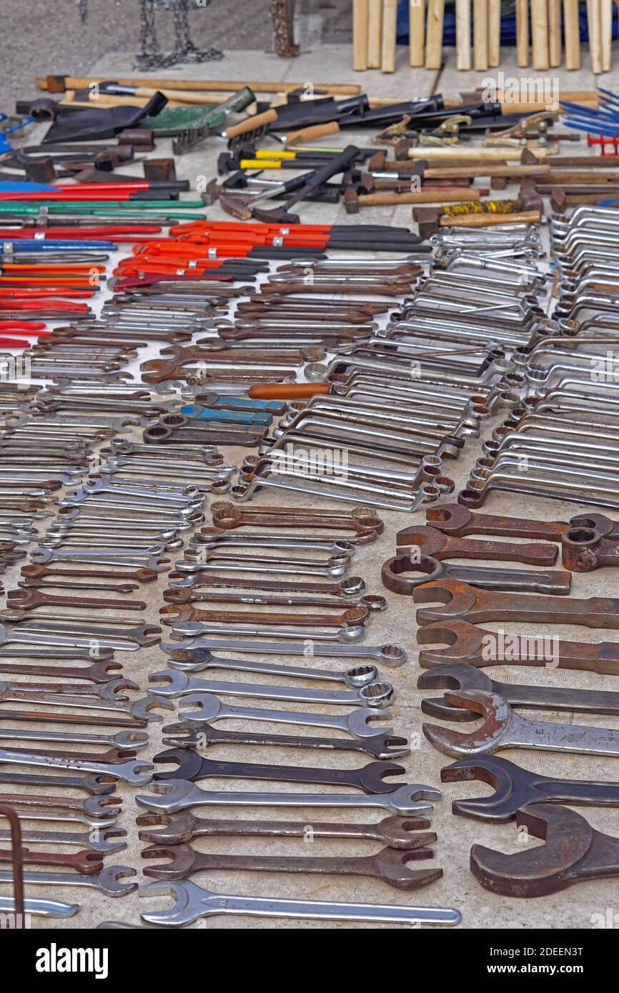 Spanner wrench tools for sale at flea market Stock Photo - Alamy