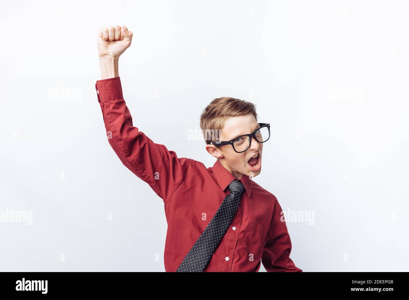 Portrait of a positive and emotional teenager, depicts joy, white ...