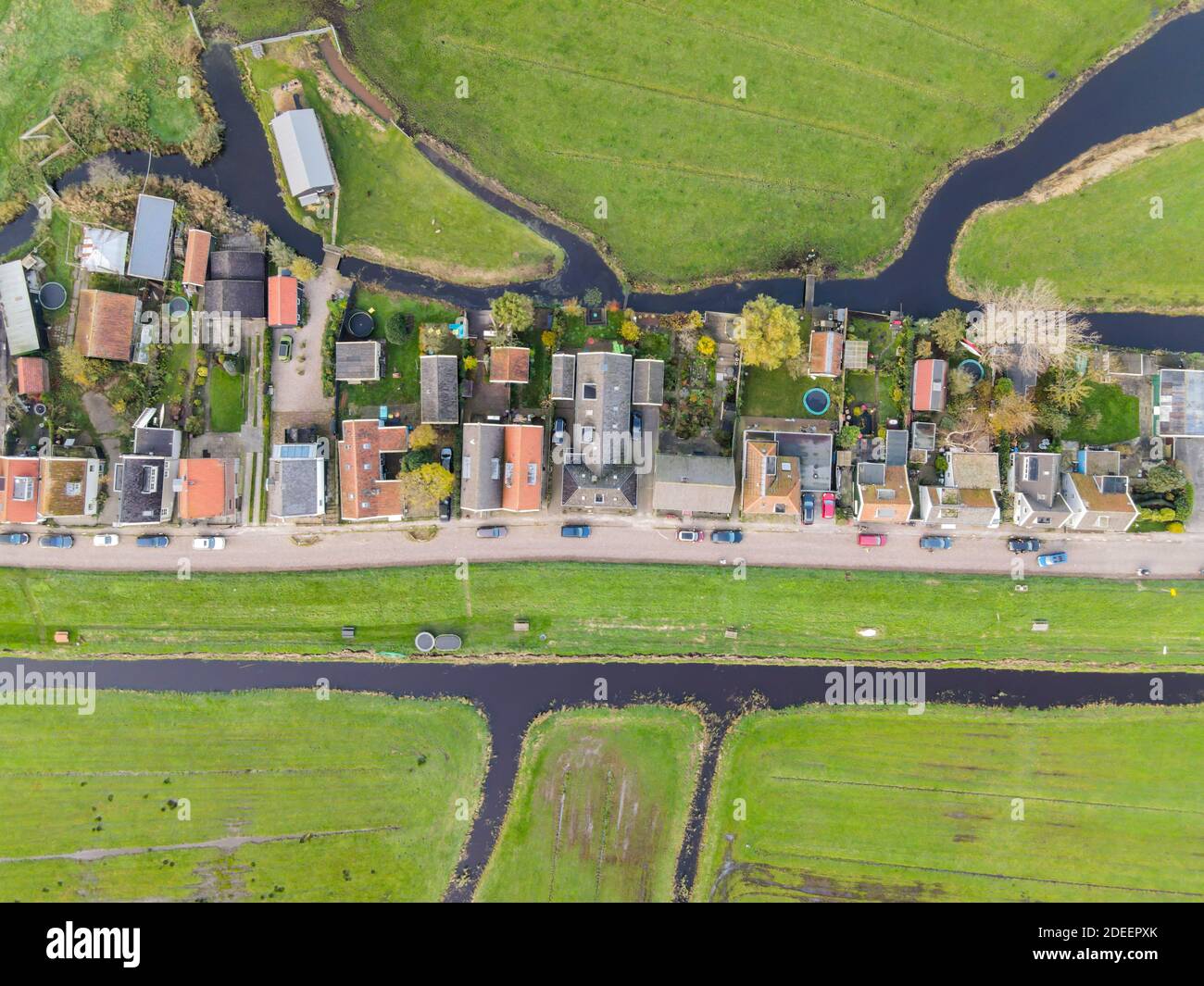 Top down view of dike houses and river grass the netherlands Holland ...