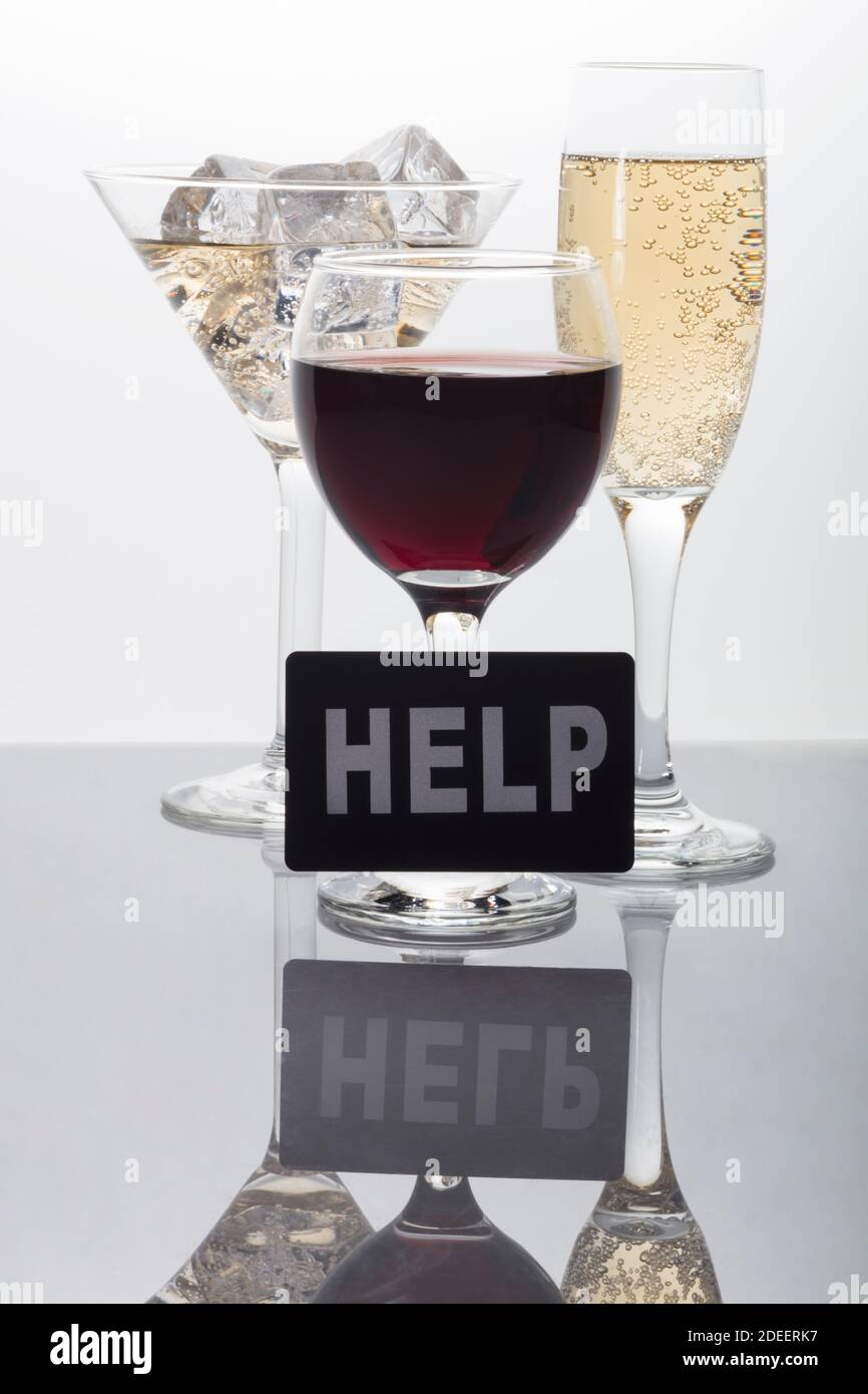 Help sign in front of alcoholic drinks Stock Photo - Alamy