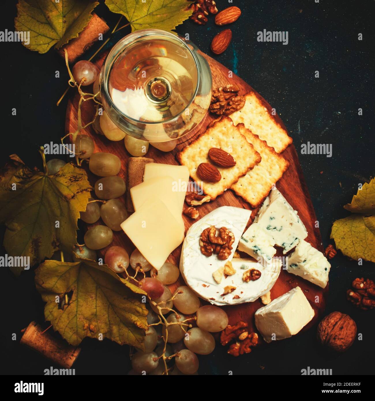 White Dry Wine, Cheese With Mold, Nuts, Grape And Cracker, Dark ...