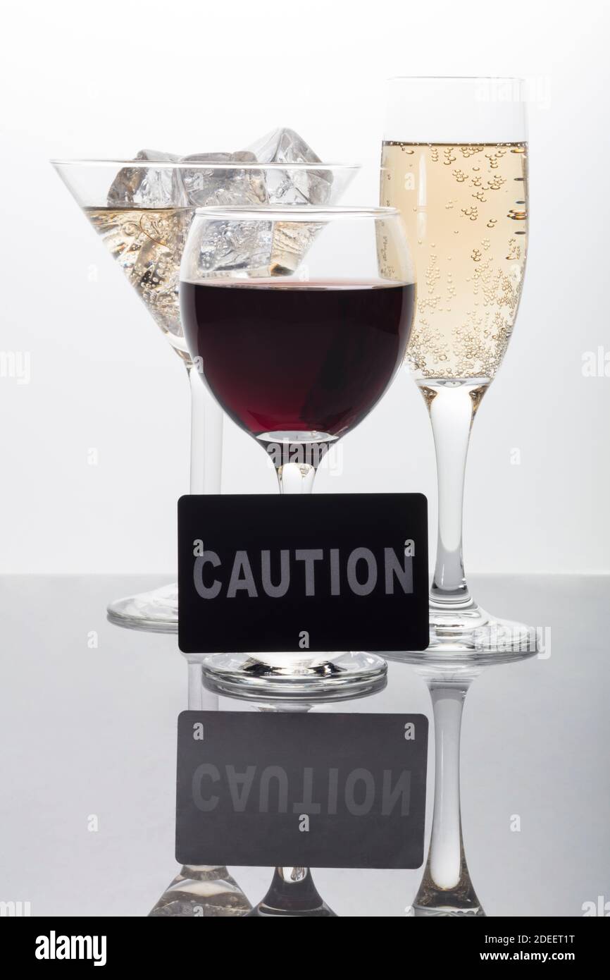 Caution sign for alcohol with wine, martini, and champagne glasses ...