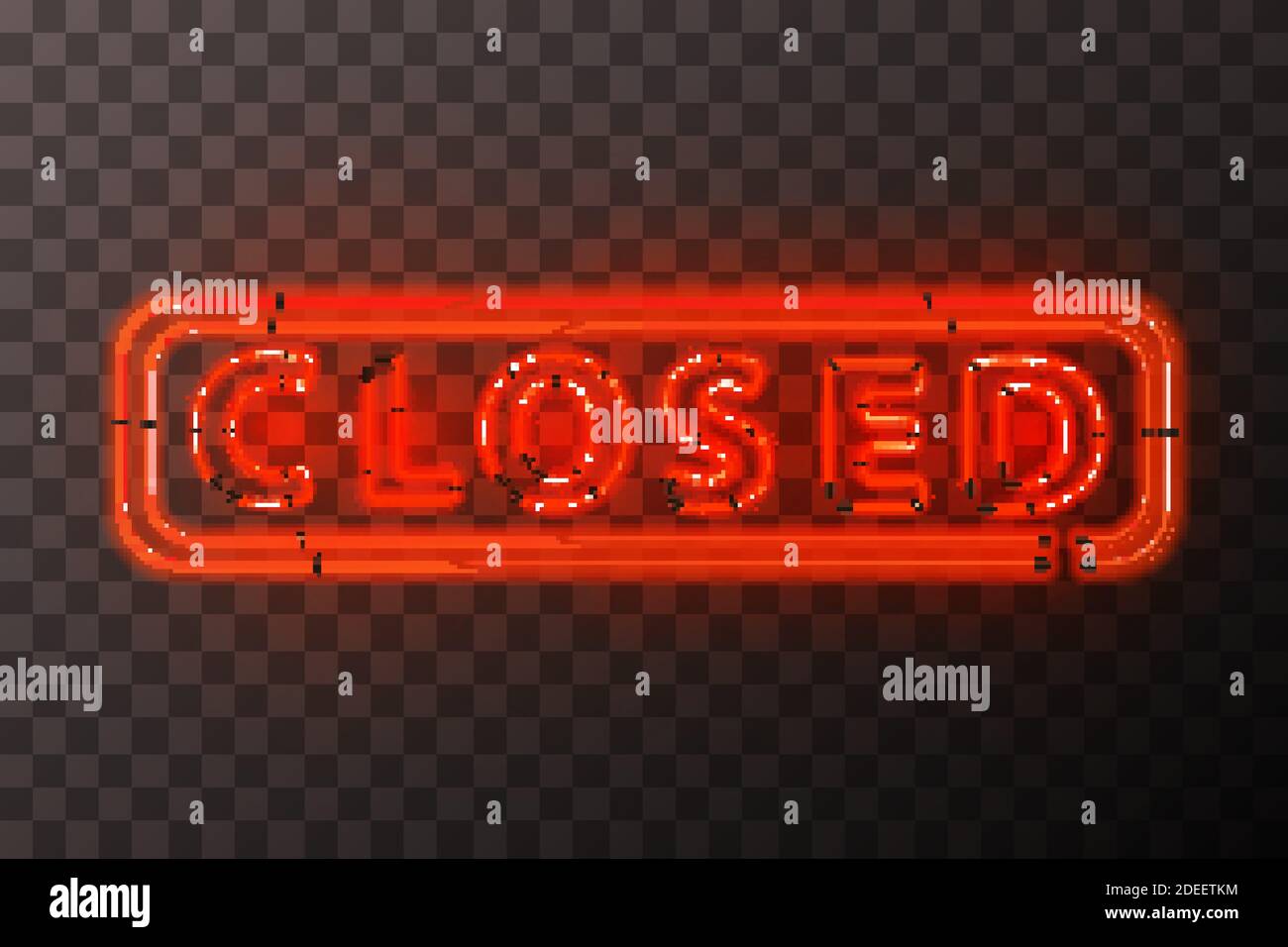 Bright red neon closed sign with rectangle frame on transparent ...