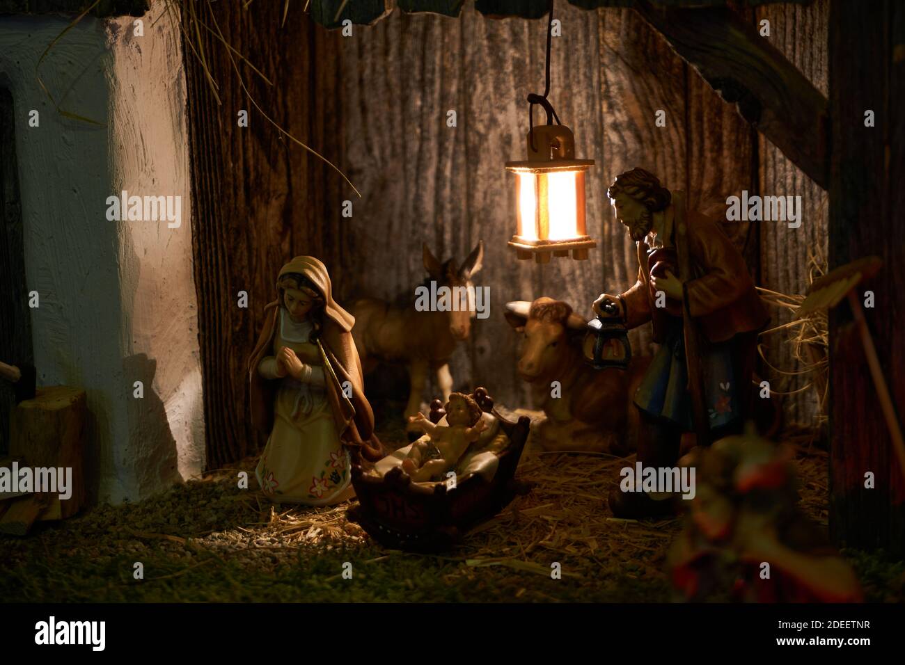 Hand made Christmas Crib with the holy family Stock Photo - Alamy