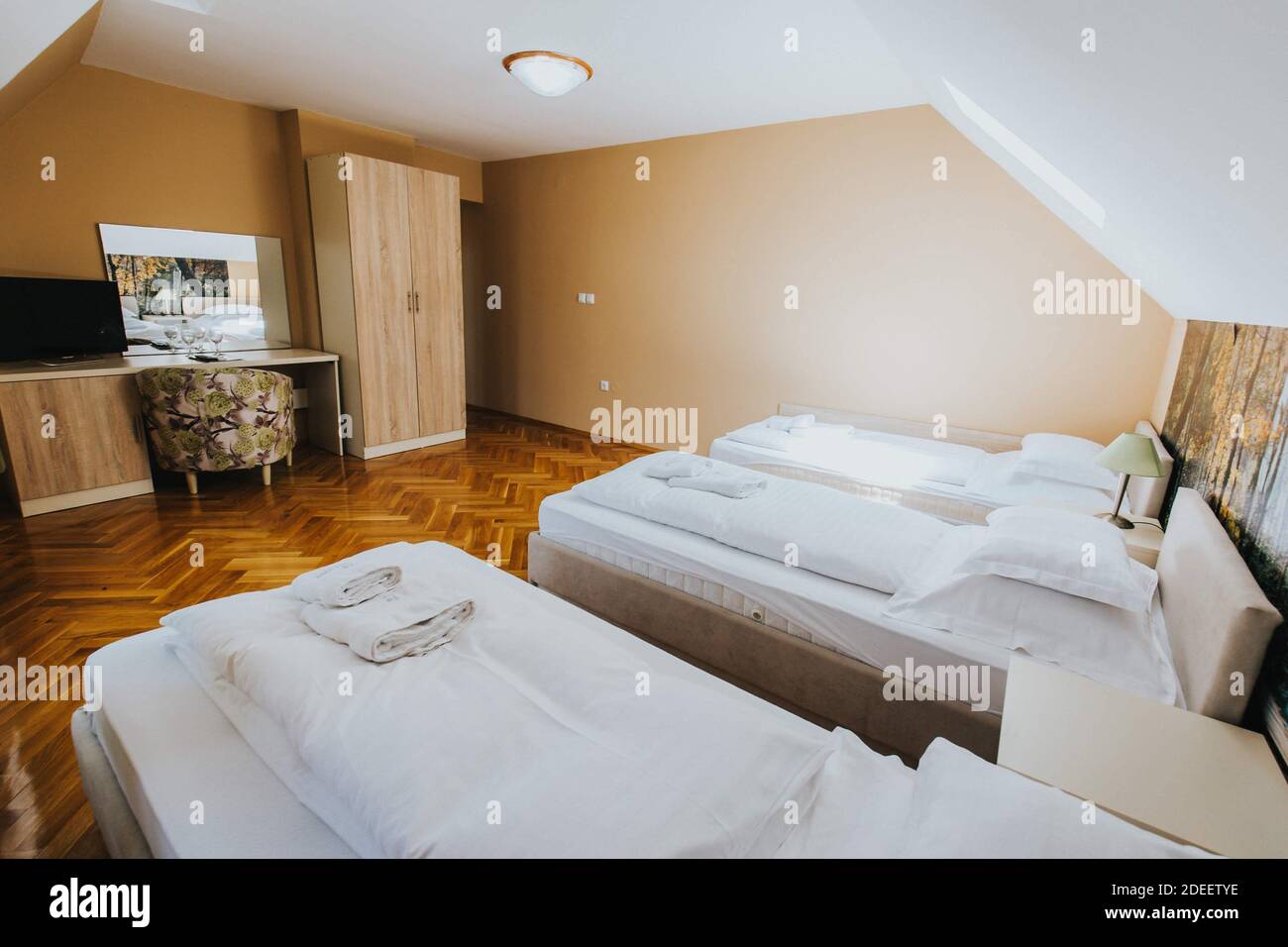 A hotel room for three people with three beds, a TV and a wardrobe ...