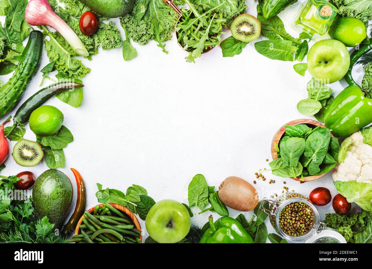 Variety of green vegetables and fruits. Healthy food clean eating ...