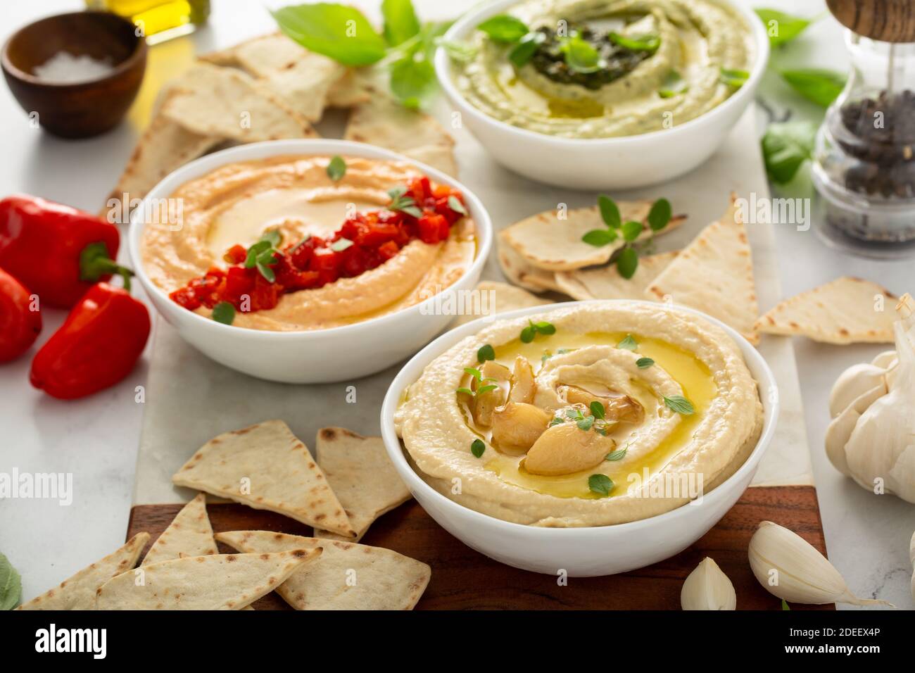 Hummus board with pita Stock Photo - Alamy