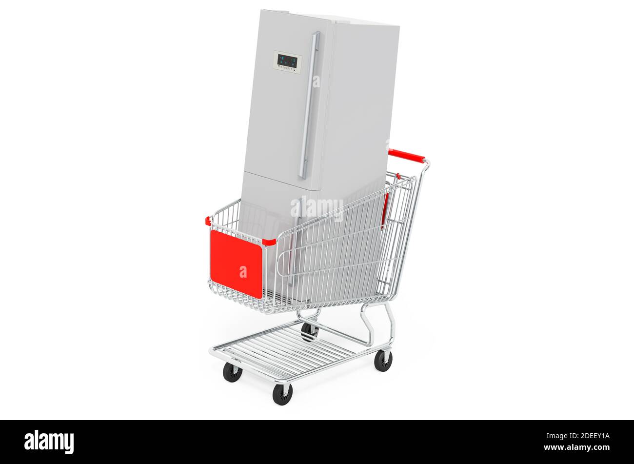 Refrigerator inside shopping cart, 3D rendering isolated on white ...