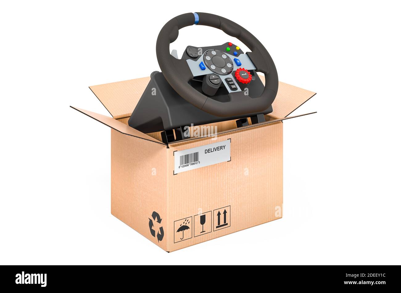 Gaming steering wheel inside cardboard box, delivery concept. 3D ...