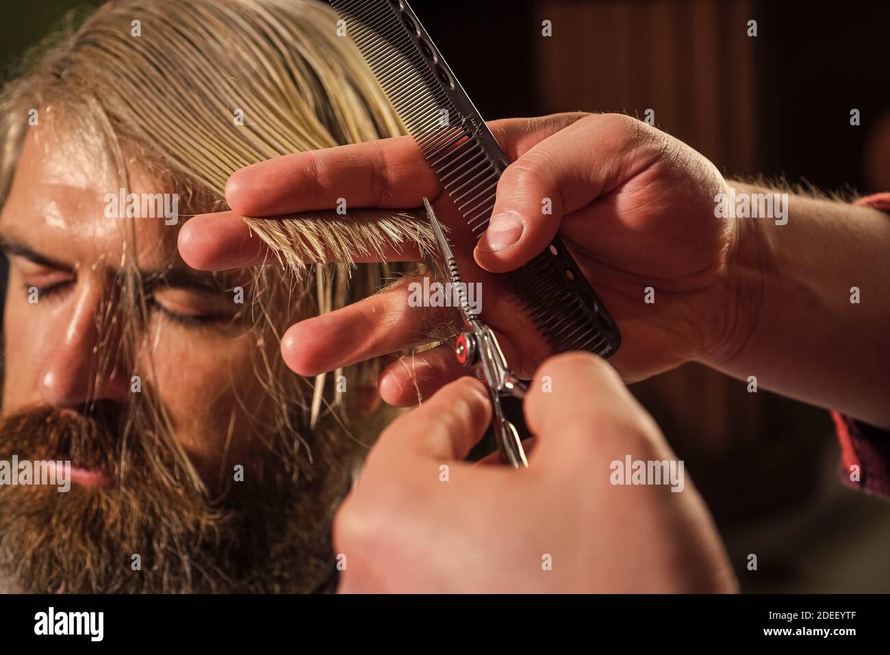 Scissors cutting. Haircut for head shape. Hipster getting haircut ...