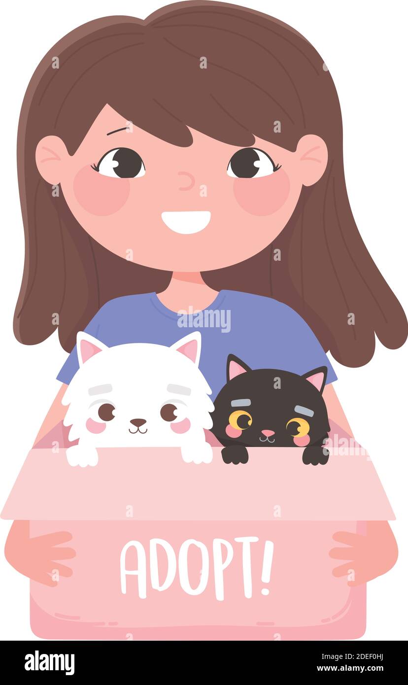 girl with cat in the cardboard box, adopt a pet vector illustration ...