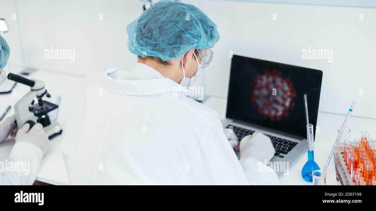 rear view. scientist sitting at a Desk in the laboratory Stock Photo ...