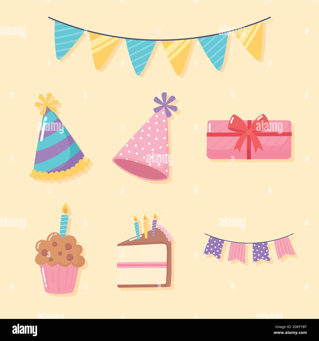 happy birthday, icons collection hat cake cupcake and bunting ...